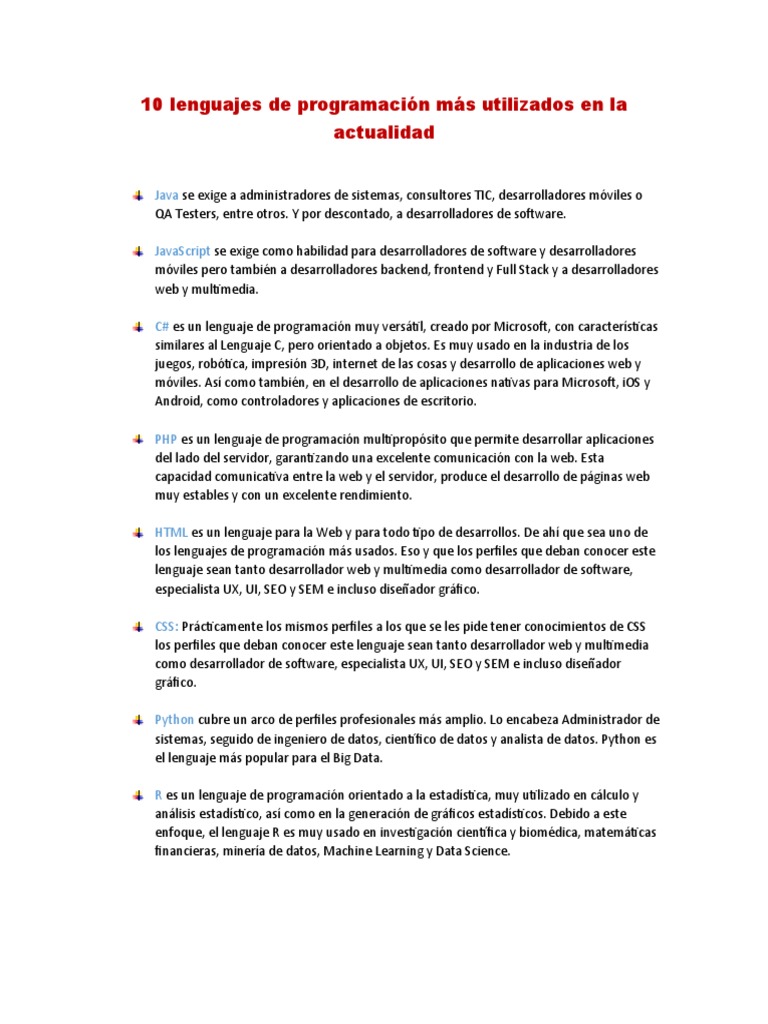 10 Lenguajes de Programación Más Utilizados en La Actualidad | PDF | Matlab | Lenguaje de ...