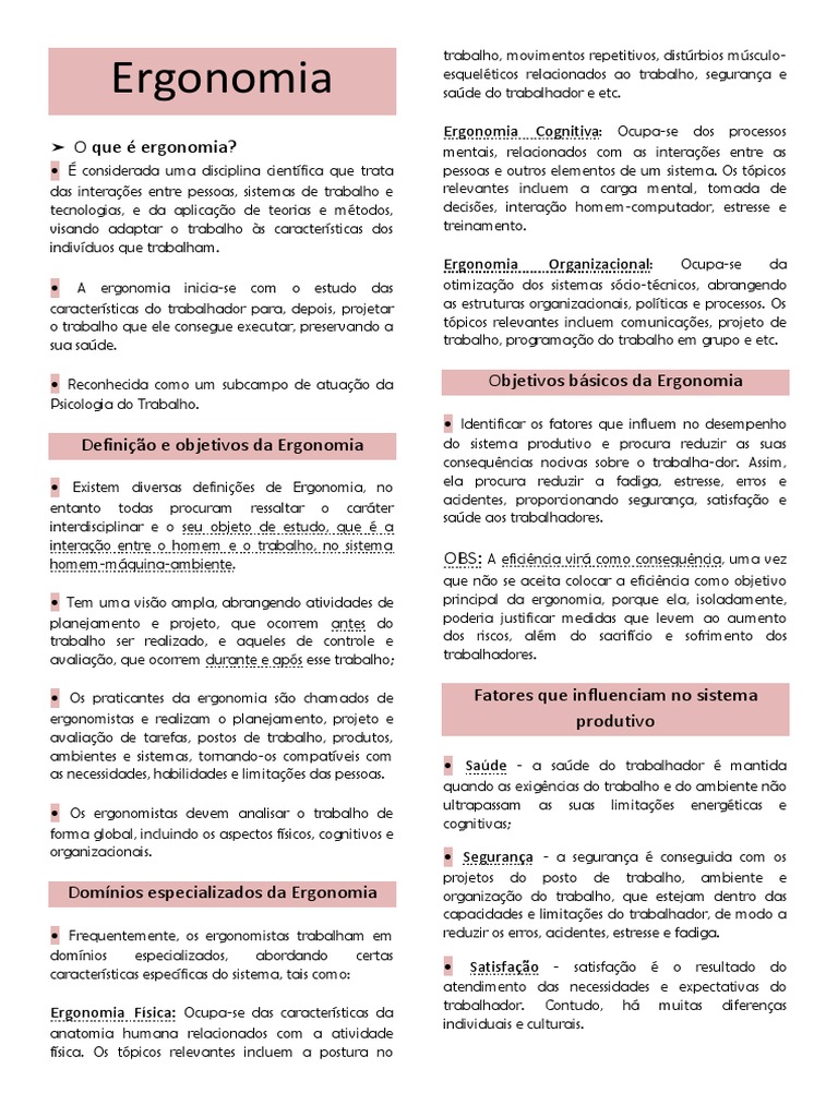 Ergonomia - RESUMO | PDF | Fatores humanos e Ergonomia | Ciência cognitiva