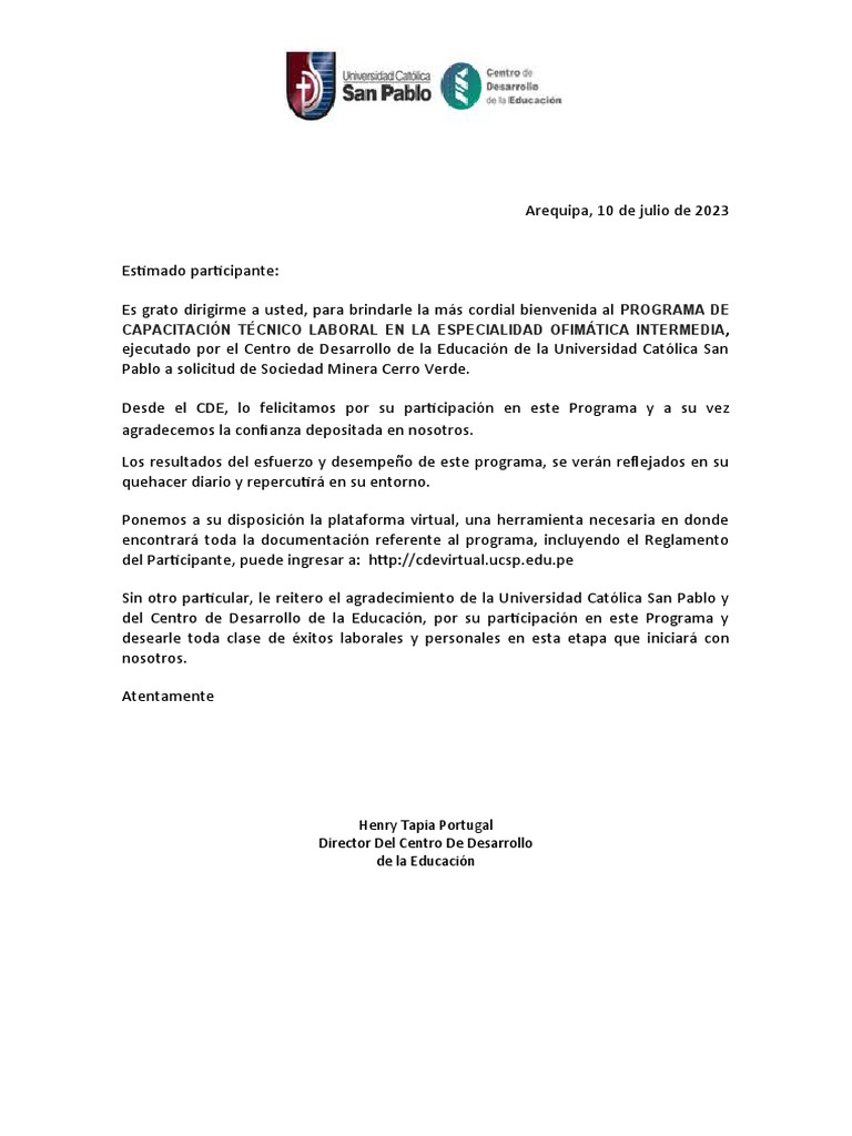 Carta de Bienvenida OI | PDF | Crecimiento personal y profesional ...