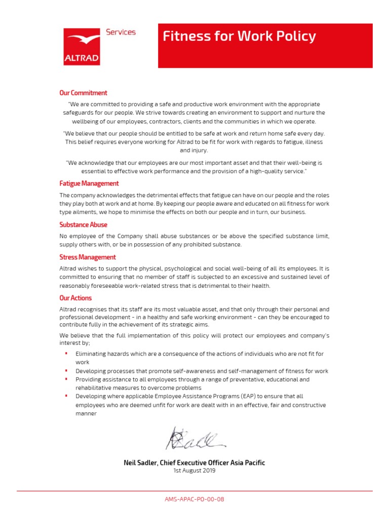 AMS APAC PO 00 08 Fitness For Work Policy | PDF | Psychology