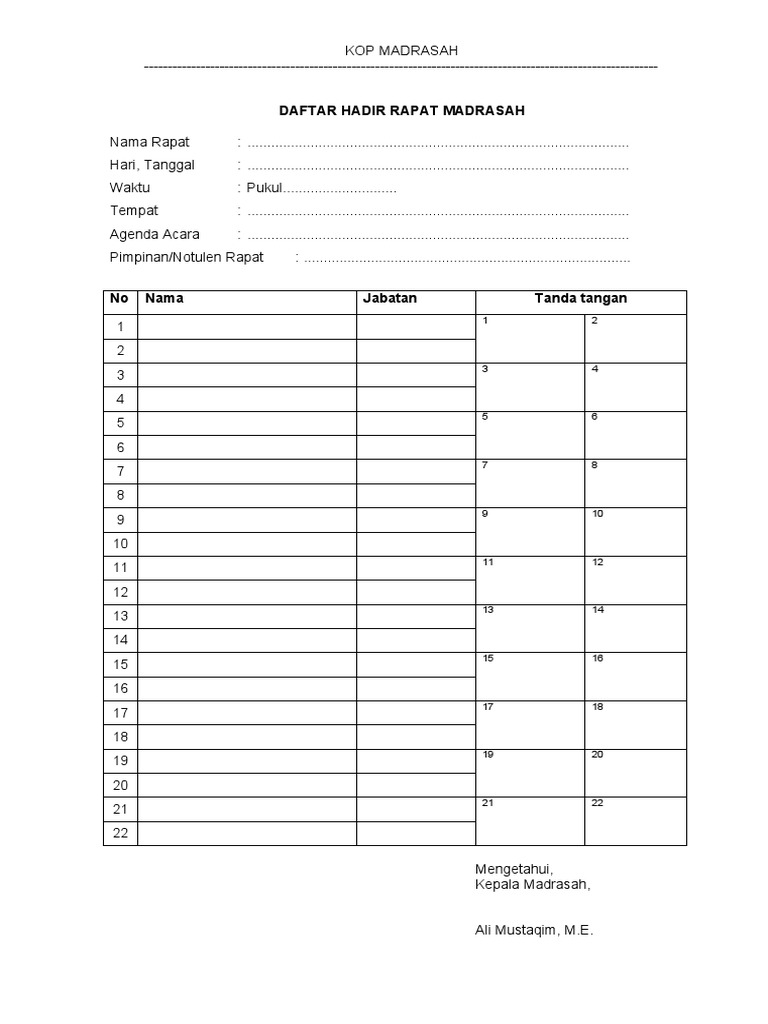 6 20 Template Daftar Hadir Pertemuan Rapat | PDF