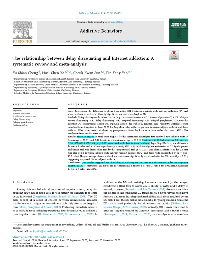Addictive Behaviors: Yu-Shian Cheng, Huei-Chen Ko, Cheuk-Kwan Sun, Pin-Yang Yeh | PDF | Impulsivity