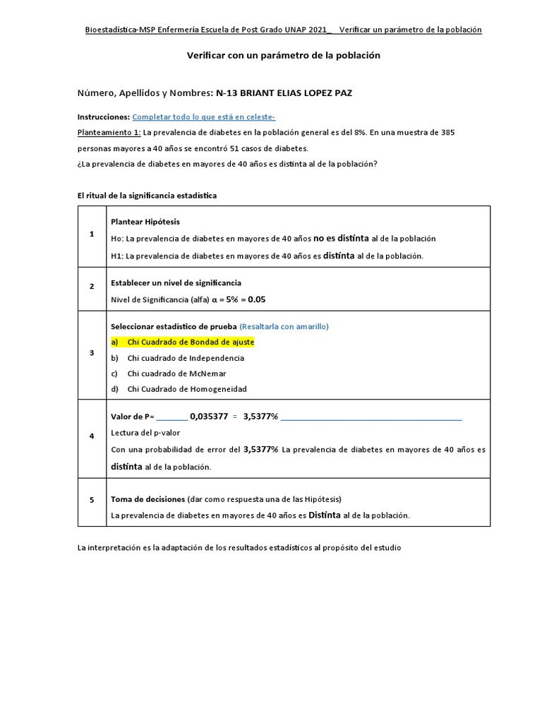 Verificar Con Un Parámetro de La Población COMPLETO - LOPEZ | PDF | Significancia estadística ...