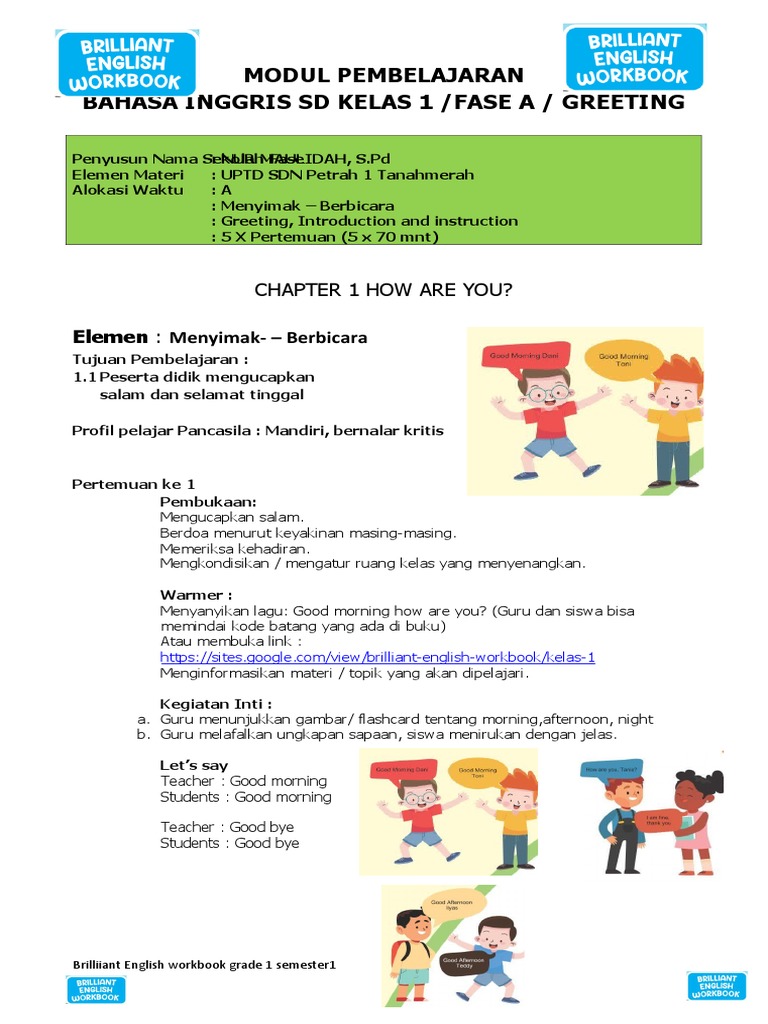 Modul Pembelajaran Bahasa Inggris SD Kelas 1 /fase A / Greeting | PDF