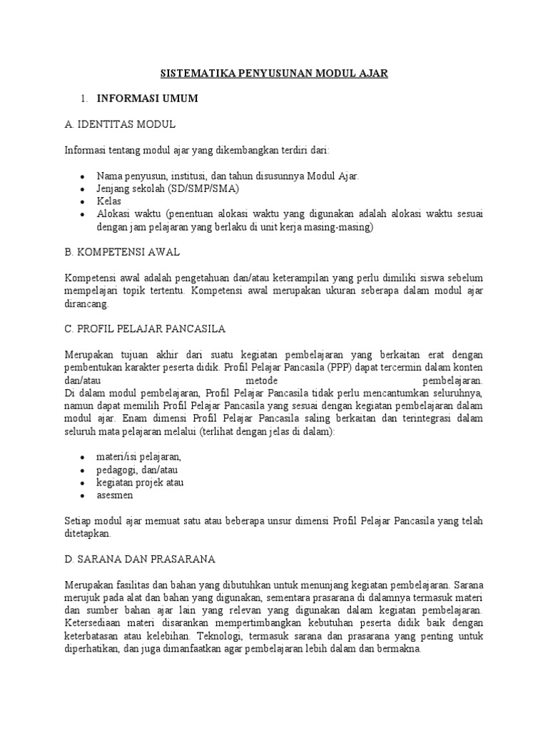 Contoh - Modul Ajar PP Klas 1 | PDF