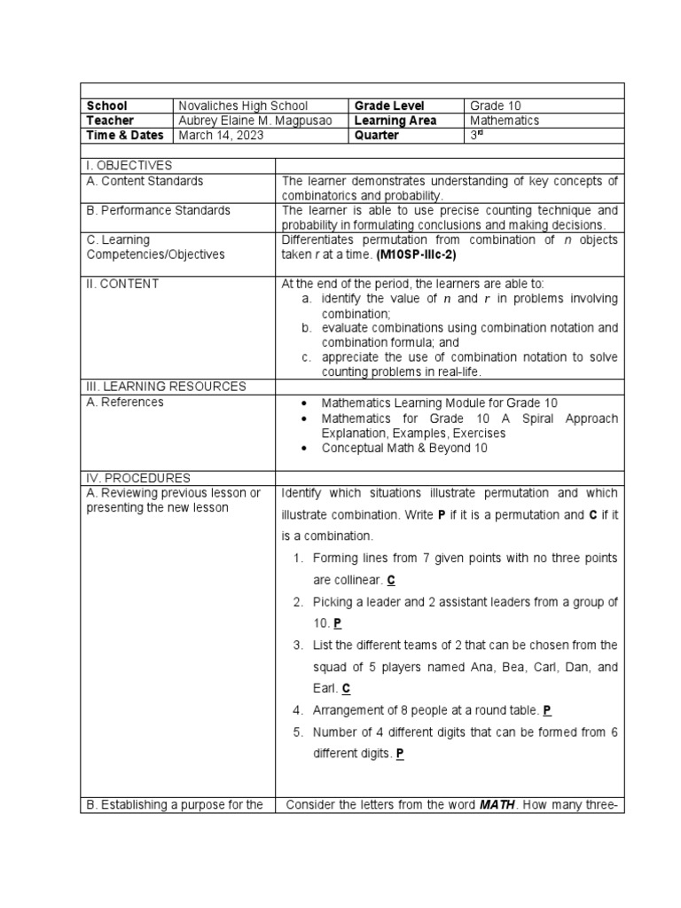 Week 4 - Combination Notation-Lesson Plan | PDF | Mathematics | Permutation