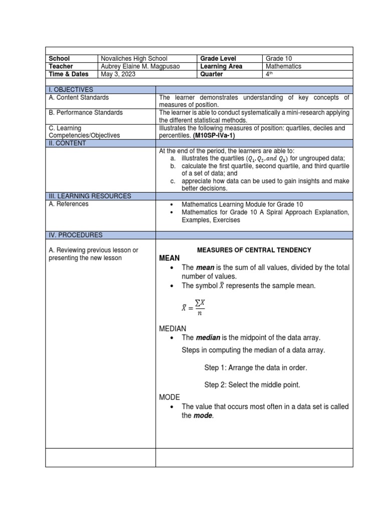 4TH QTR - Week 1 QUARTILES | PDF | Quartile | Median