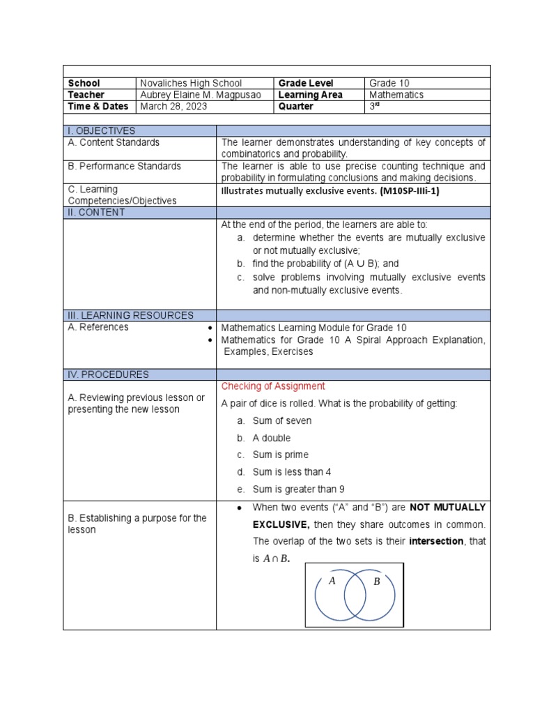 Week 7 - PROBABILITY OF UNION OF TWO EVENTS-Lesson Plan | PDF ...