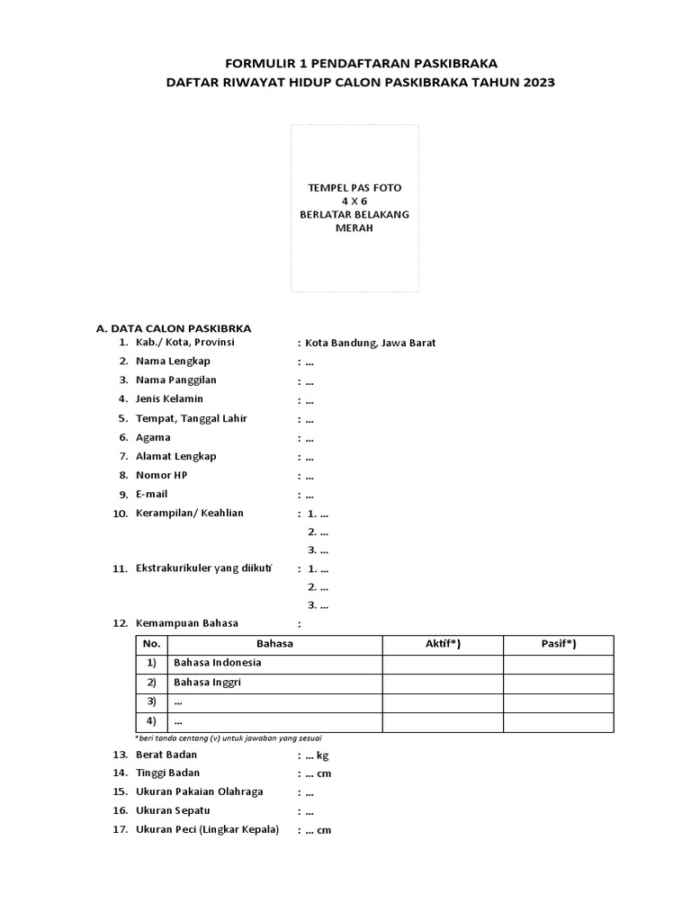 Formulir Administrasi Pendaftaran Capaska BDG 2023 | PDF