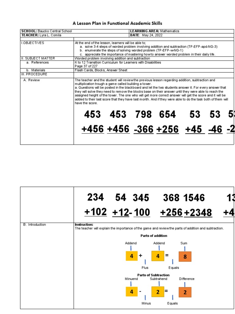 A Lesson Plan in Functional Academic Skills (COT) | PDF | Subtraction ...