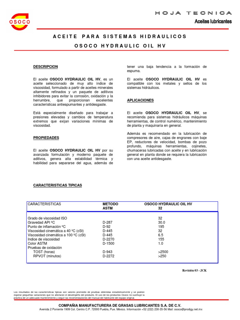 Hydraulic Oil HV ISO 32 | Descargar gratis PDF | Lubricante | Petróleo