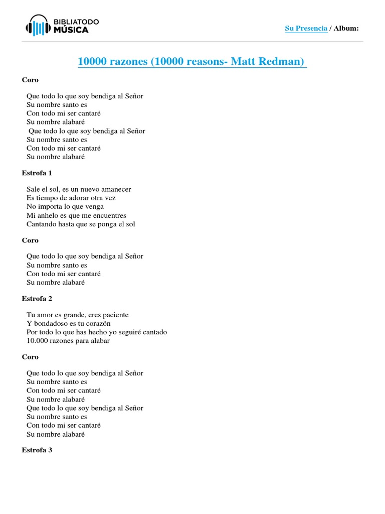 Letra de 10000 Razones (10000 Reasons - Matt Redman) | PDF