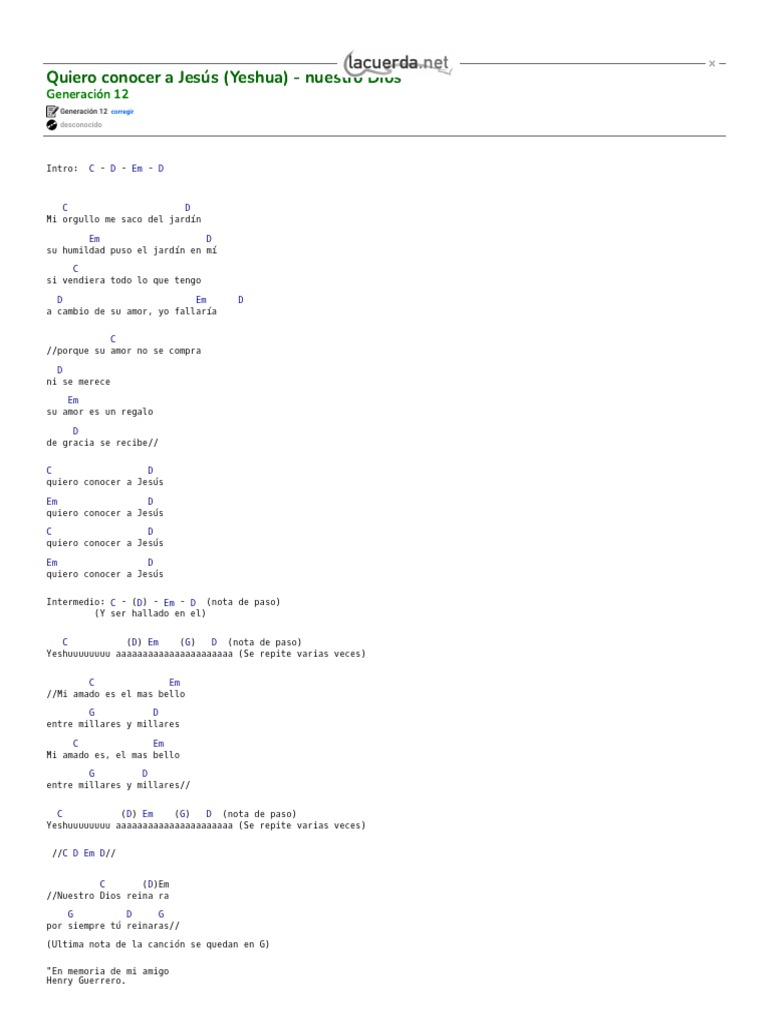 Quiero Conocer A Jesus (Yeshua) - Nuestro Dios, Generación 12 - Acordes ...