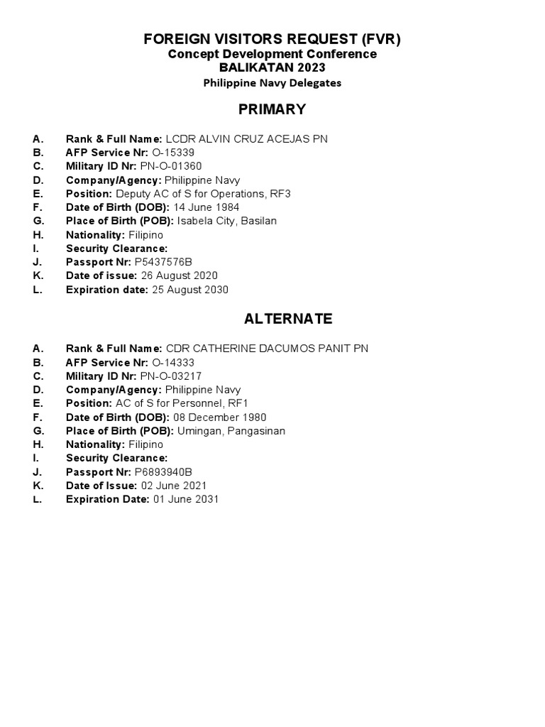 FVR (Foreign Visitors Request) - Acejas and Panit | PDF | Government | National Security