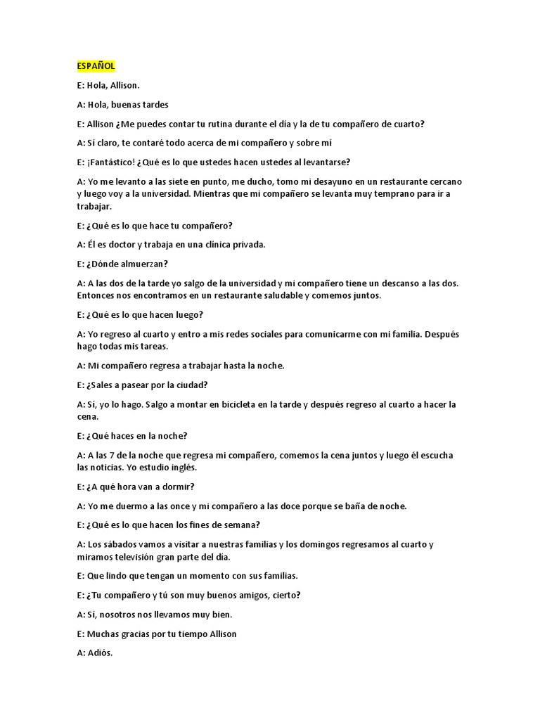 Rutina diaria de un estudiante y su compañero | PDF | Artes del ...