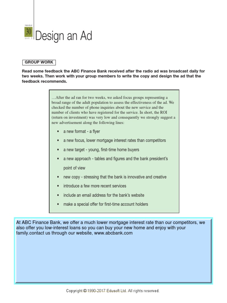 05 Advanced I Handout 30 Unit 5 Business Strategies Design An Ad | PDF