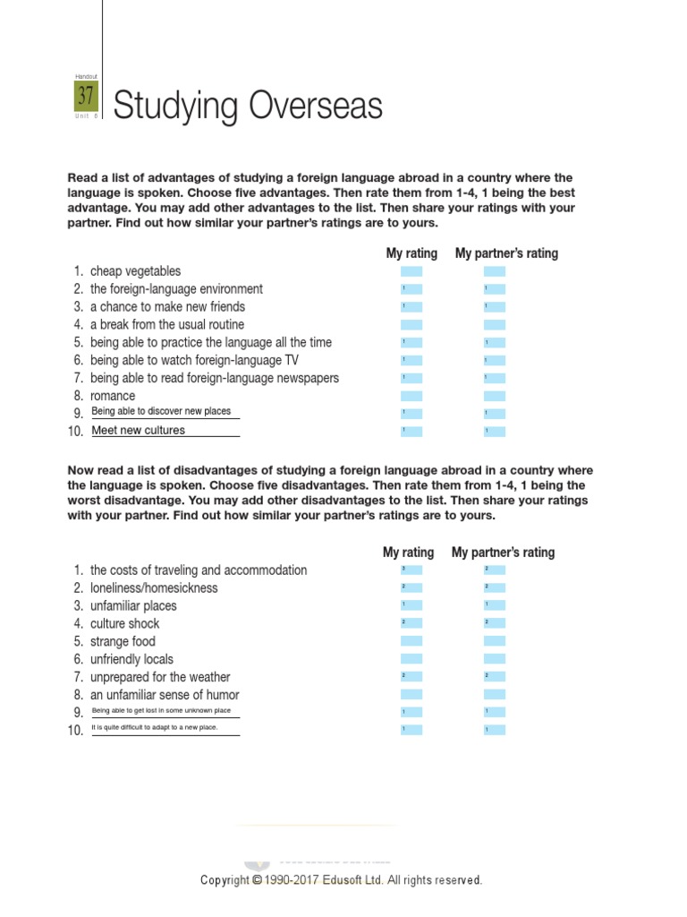 06 Advanced I Handout 37 Unit 6 CommunicationStudying Overseas | PDF ...