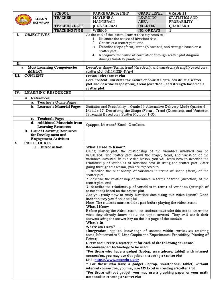 IDEA Exemplar in Statistics and Probability Quarter 4 Week 6 COT 2 JUN ...