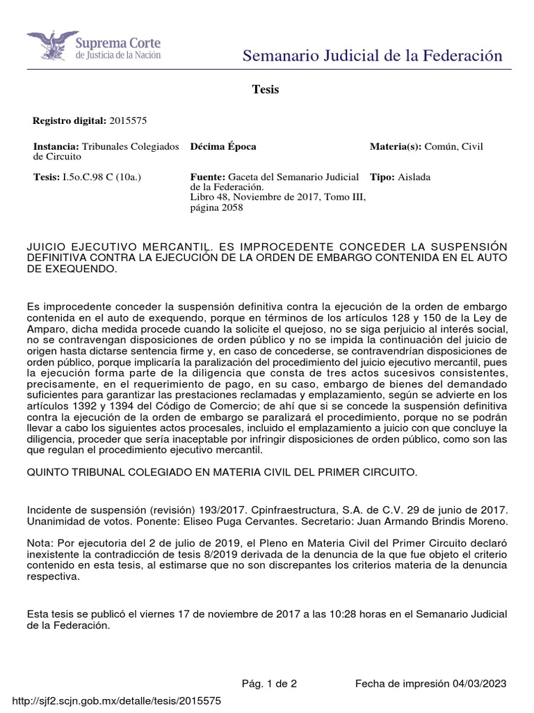 Tesis2015575 JUICIO EJECUTIVO MERCANTIL. ES IMPROCEDENTE CONCEDER LA ...