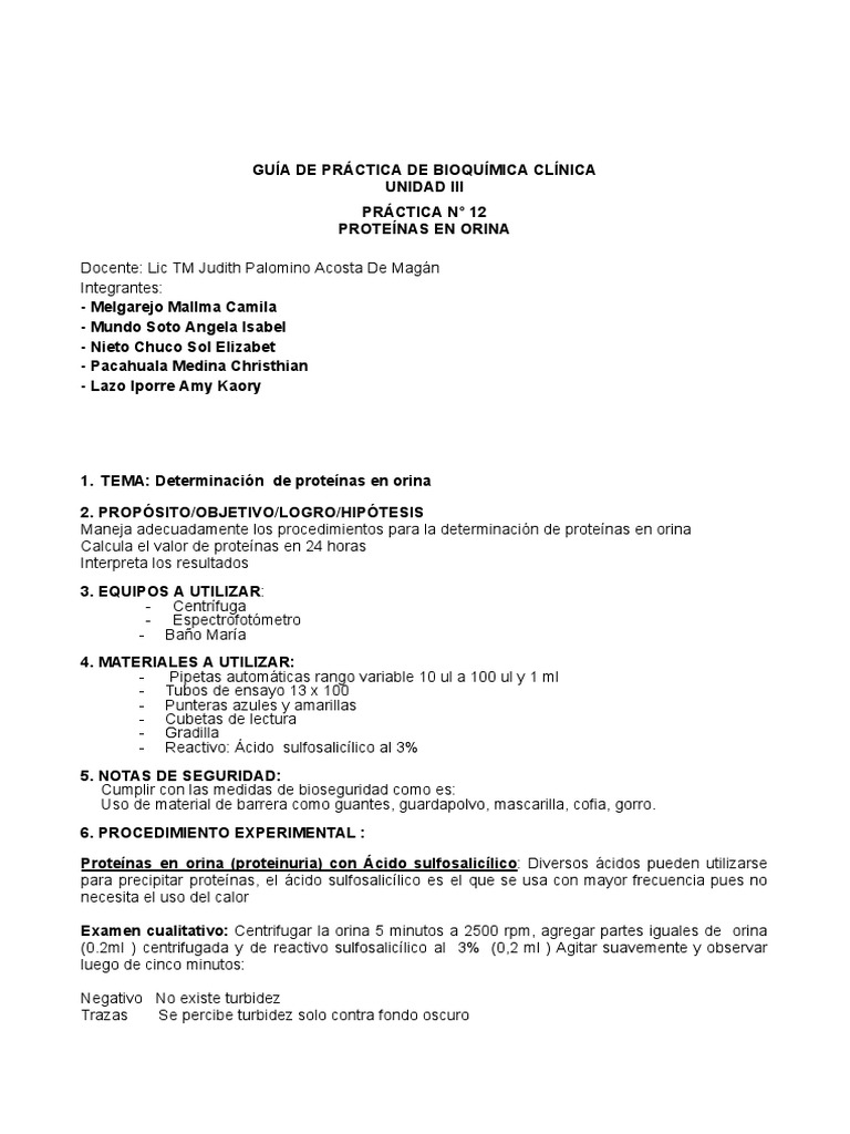 Prác. 12 Prot - Orina 2023v-10 | PDF | Proteínas | Medicina CLINICA