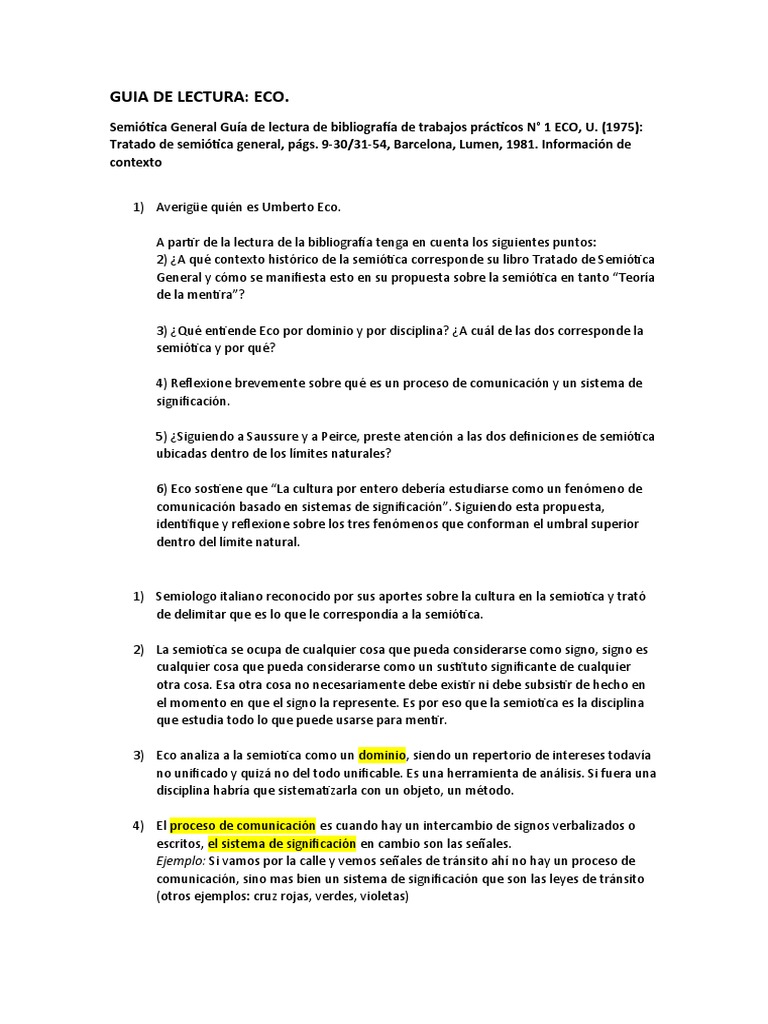 Guia de Lectura de Eco | PDF | Semiótica | Comunicación