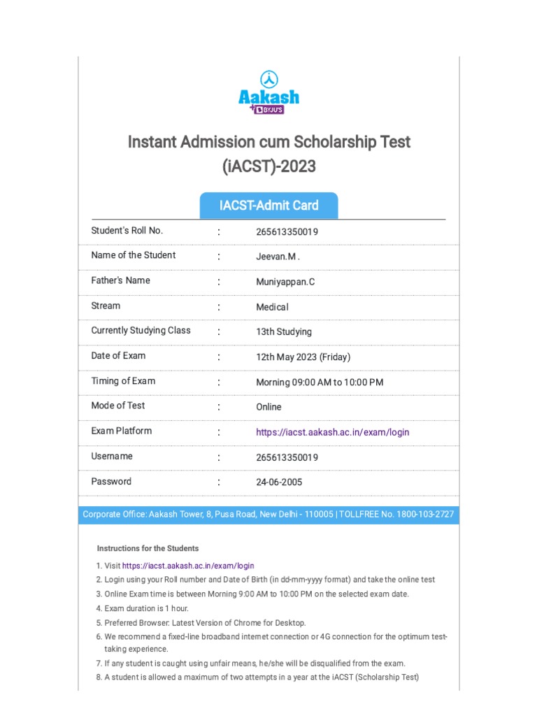 Aakash Admit Card | PDF