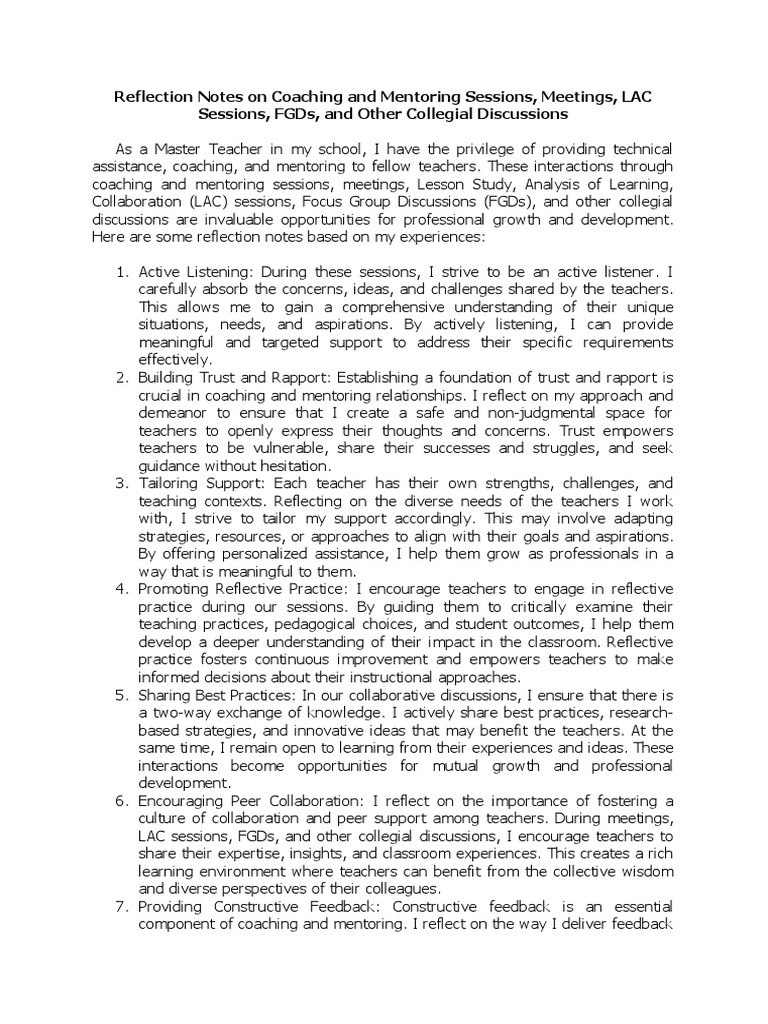 Reflection Notes On Coaching and Mentoring Sessions, Meetings, LAC ...