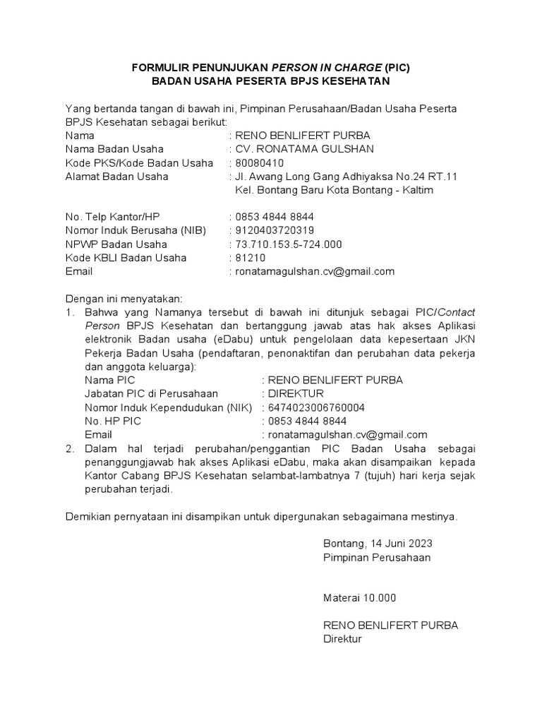 Penunjukan PIC BPJS Kesehatan | PDF