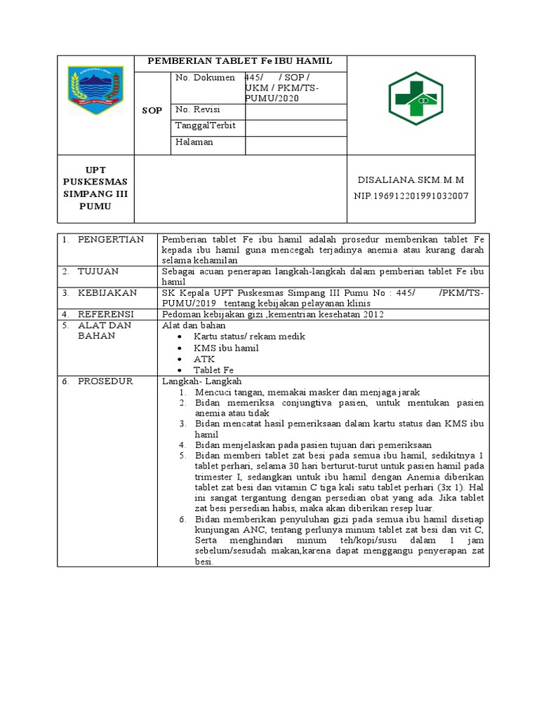 Sop Pemberian Tablet Fe Ibu Hamil | PDF