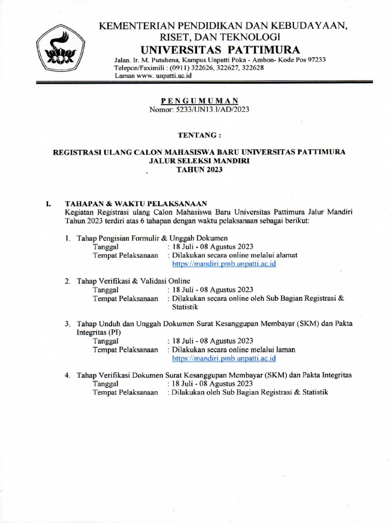 Registrasi Ulang Calon Maba Unpatti Jalur Mandiri THN 2023 | PDF