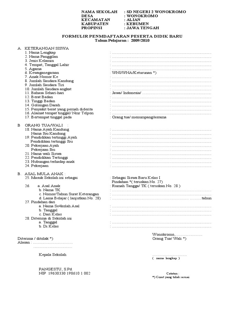Formulir Pendaftaran SD 2009/2010 | PDF | Kajian Bahasa Asing | Griya ...