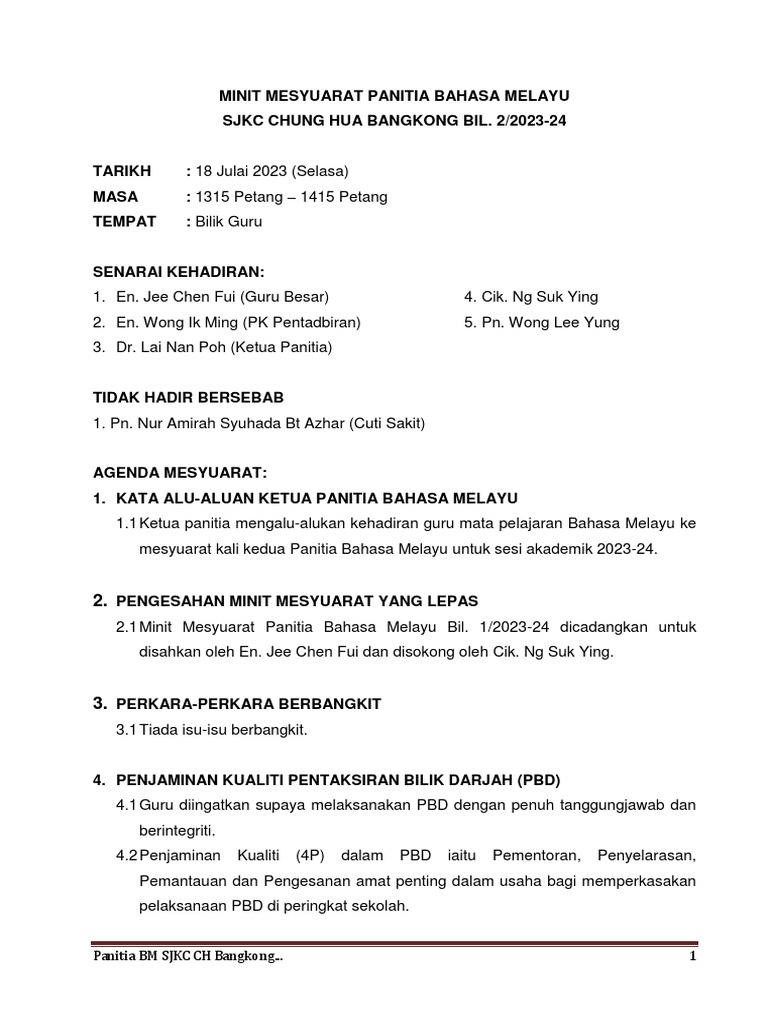 Minit Mesyuarat Panitia BM - 2 - 2023/24 | PDF