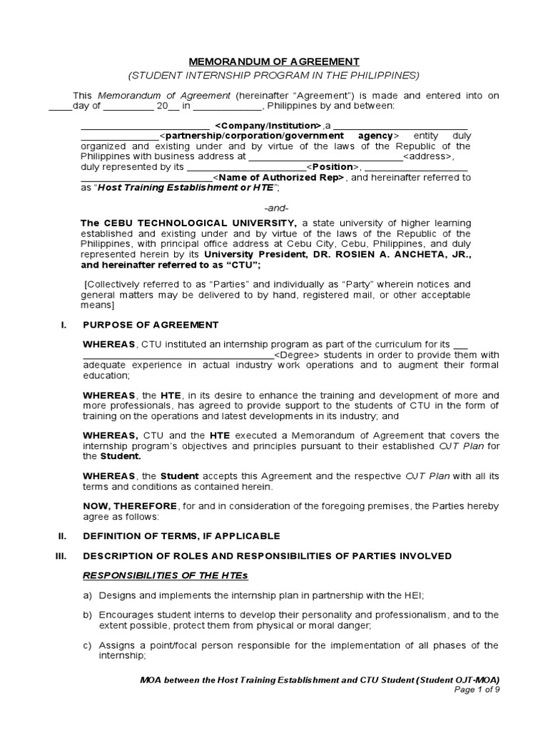 Standard MoA For OJT Template FinalOct 4 2022 2 | PDF | Internship ...