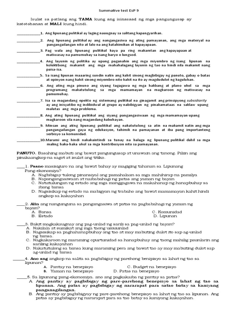 Summative Test EsP 9 - 2 | PDF