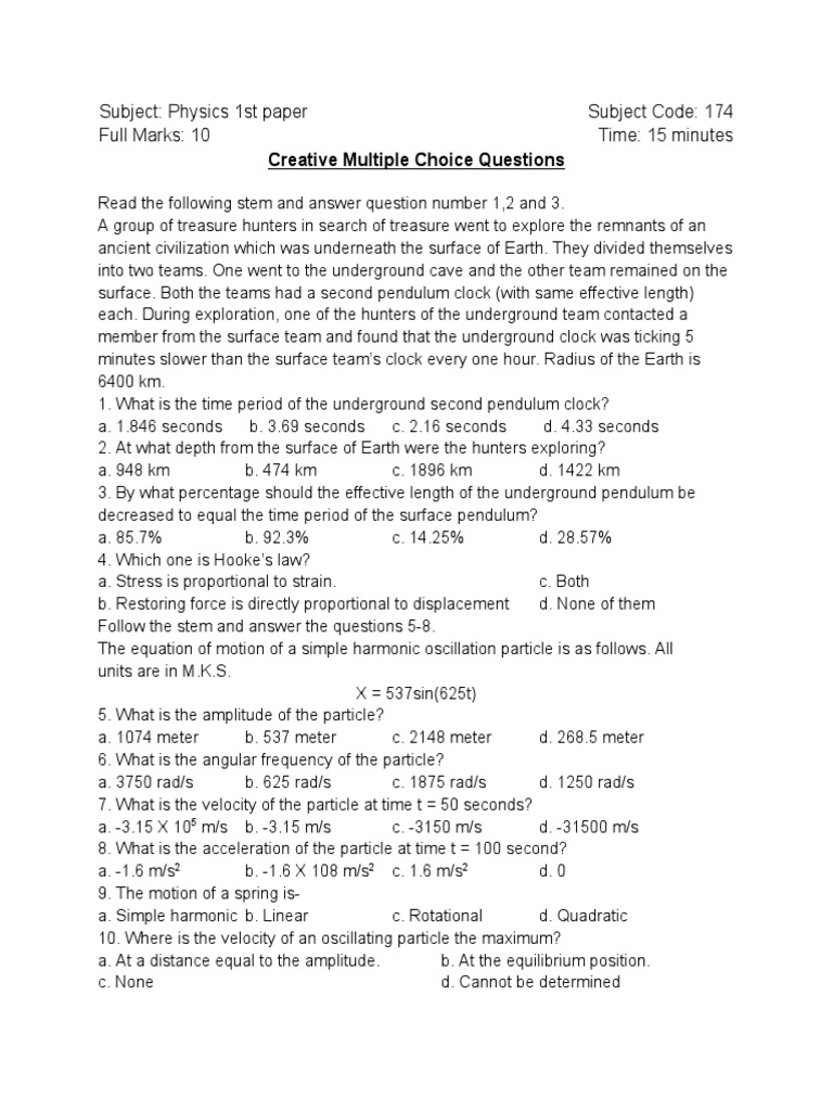 1st Paper Chapter 8 MCQ | PDF | Pendulum | Oscillation