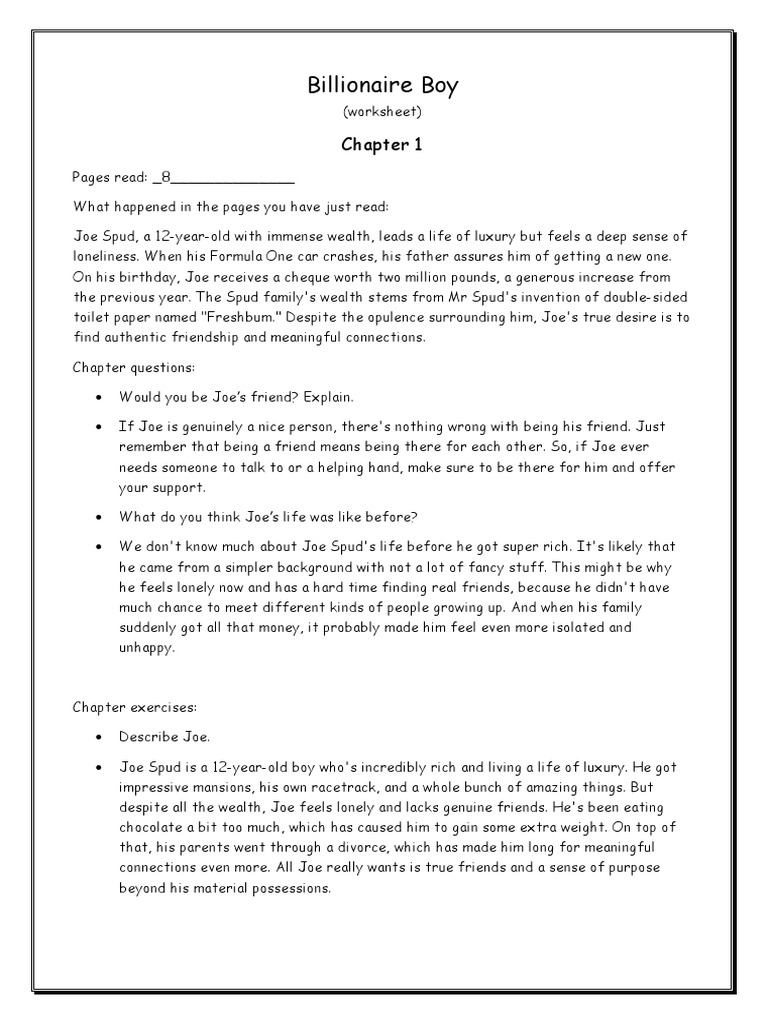 Billionaire Boy Worksheet (JGA) | PDF | Money