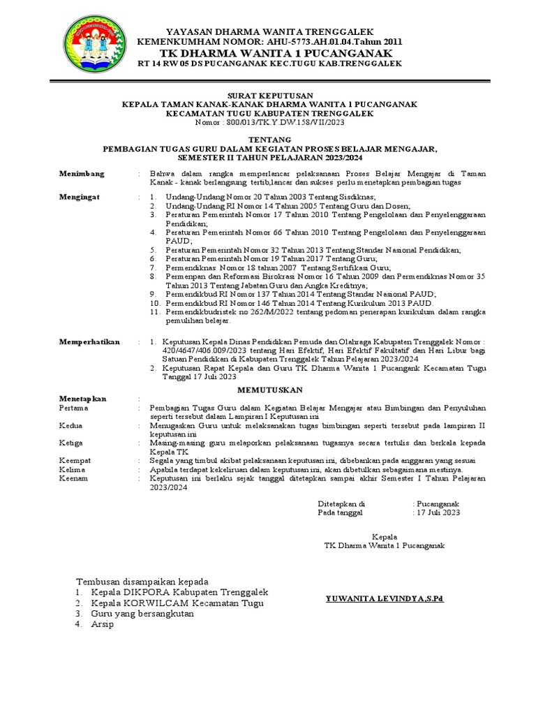 SK PEMBAGIAN TUGAS SMTR I Pucanganak 2023-2024 | PDF