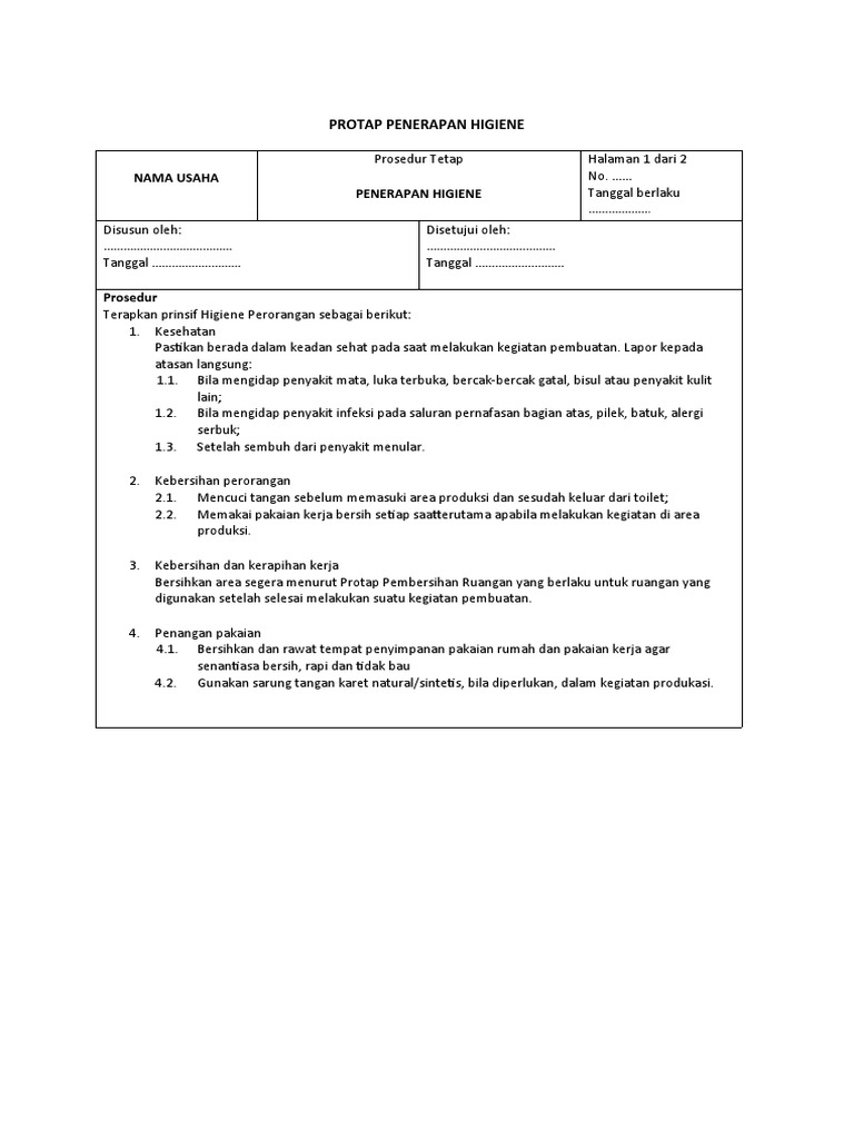 LAMPIRAN 1.5.b PROTAP PENERAPAN HIGIENE | PDF