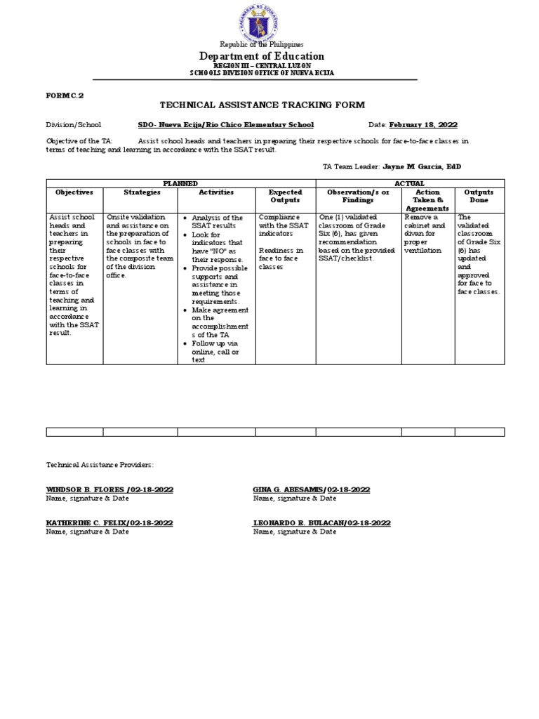 Rio Chico ES FORM C2 TECHNICAL ASSISTANCE TRACKING FORM | PDF | Learning | Behavior Modification