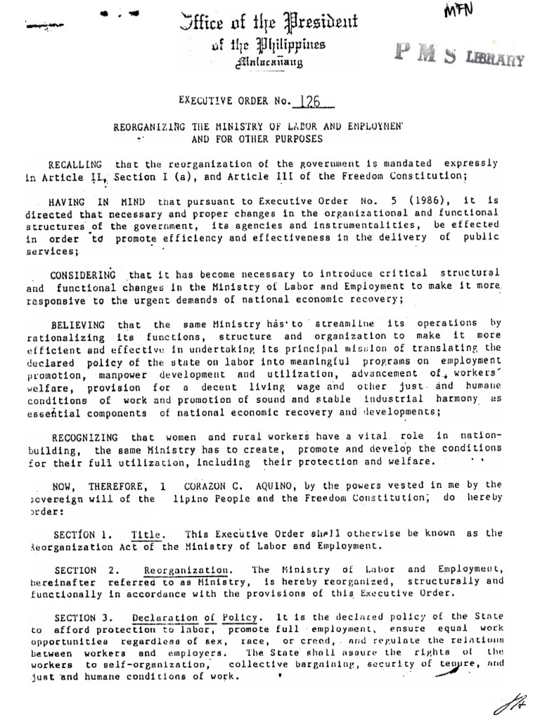 EO 126 Reorganization Act of The Ministry of Labor and Employment | PDF ...
