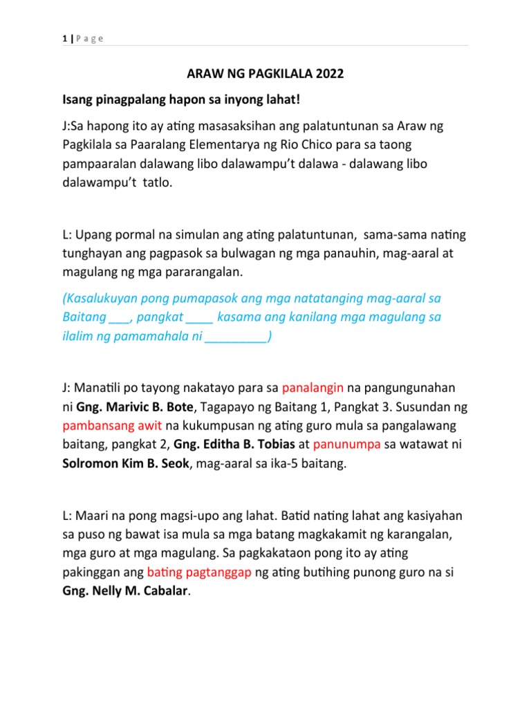 Araw NG Pagkilala 2023 Script | PDF