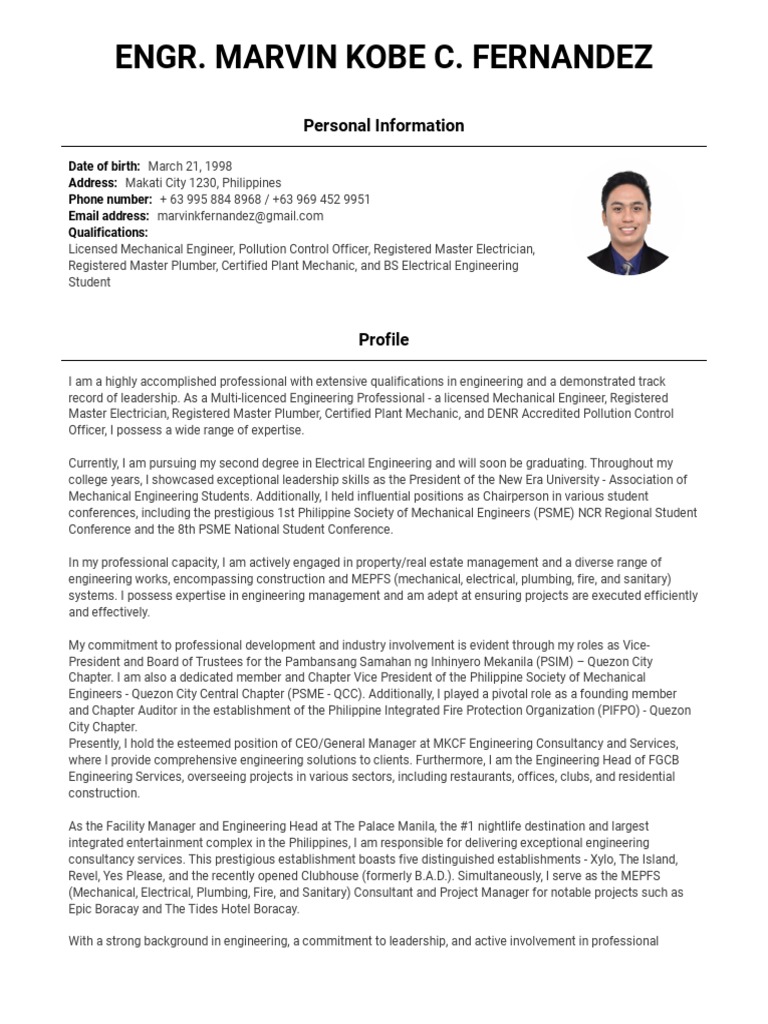 (FREE COPY) Marvin Kobe Fernandez Resume | PDF | Engineer | Business