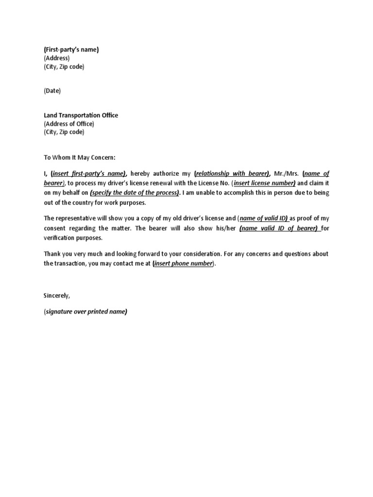 Driver's License Renewal Authorization Letter | PDF