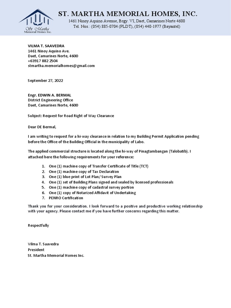 DPWH de Letter Request | PDF