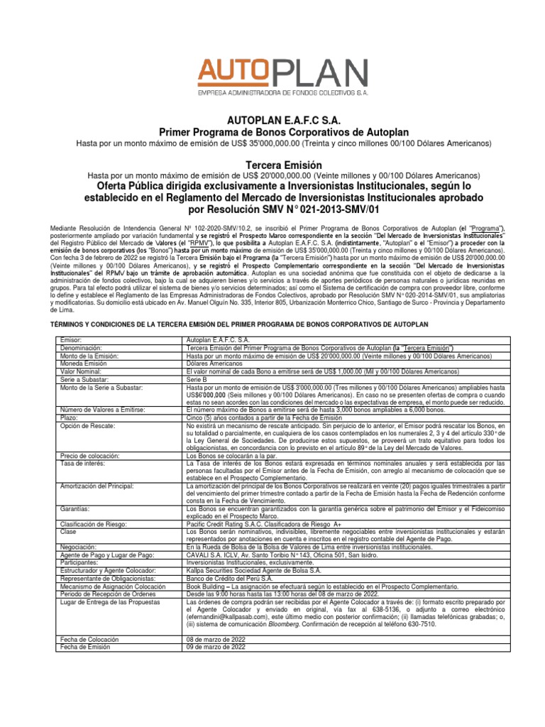 Aviso de Oferta Autoplan - Serie B - 3era Emisión Autoplan | PDF ...