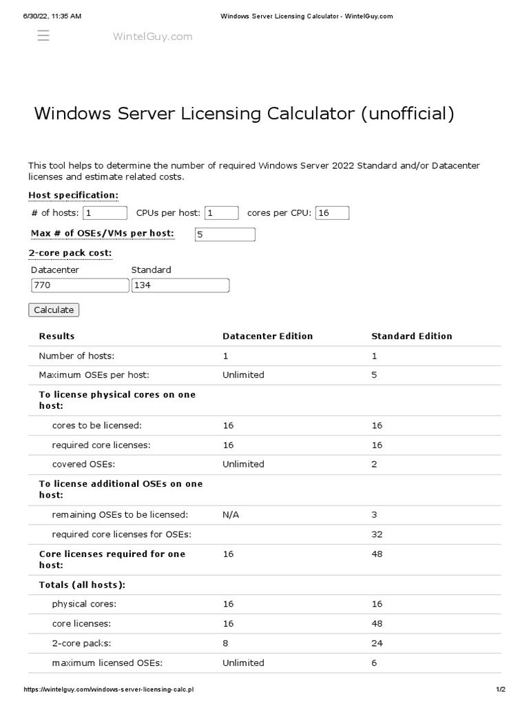 Windows Server Licensing Calculator | PDF | Operating System | X86 ...