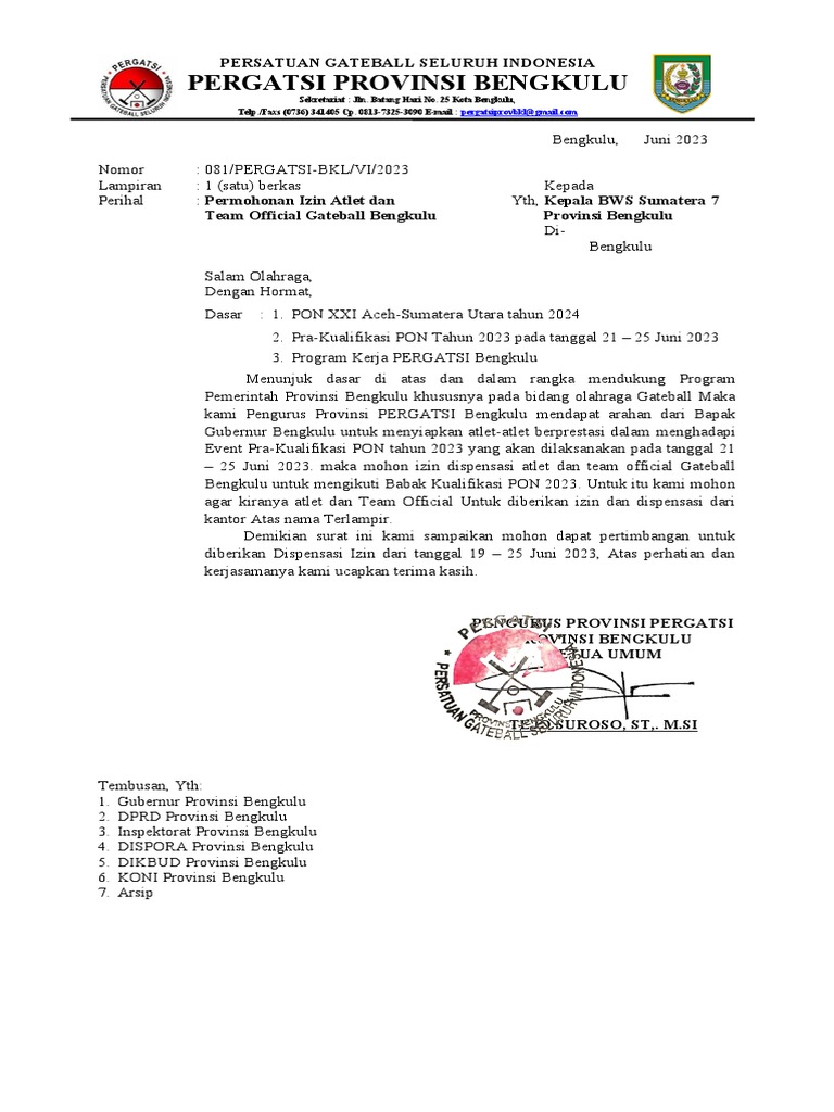 Surat Izin BWS Pra PON | PDF