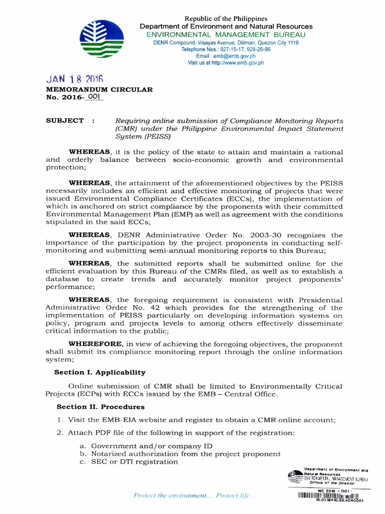DENR EMB MC 2016 001 CMR Submission Online | PDF