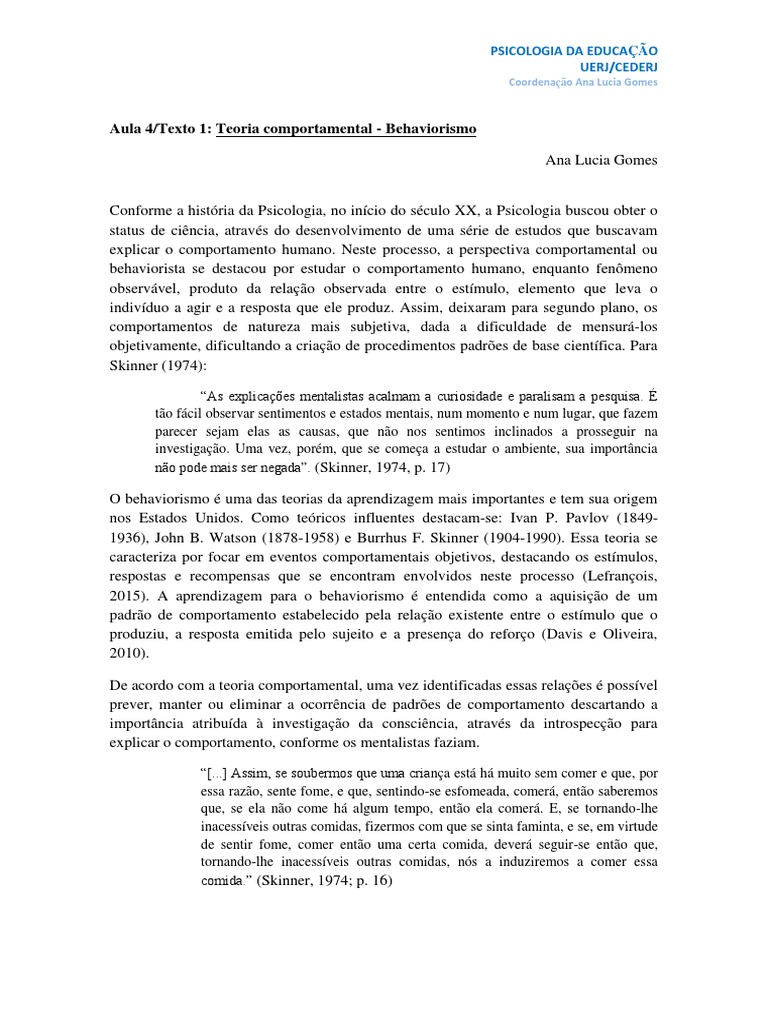 12 - Aula 4 -Texto 1 - Teoria comportamental | PDF | Behaviorismo | Comportamento
