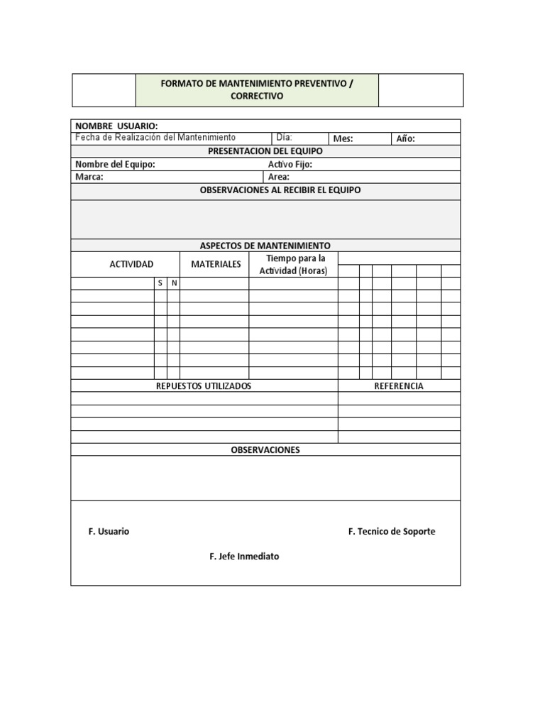 Formato de Mantenimiento Preventivo Corr | PDF Formato de Mantenimiento Preventivo Corr | PDF